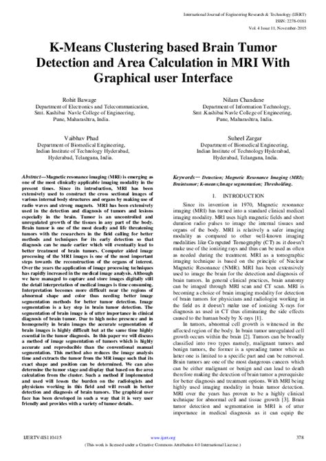 Pdf K Means Clustering Based Brain Tumor Detection And Area Calculation In Mri With Graphical