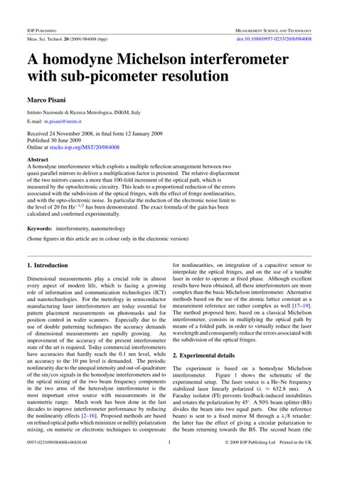 Pdf A Homodyne Michelson Interferometer With Sub Picometer Resolution
