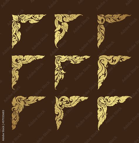 Set Corner Art Asian Buddhism Temple Element And Background Pattern Decoration Motifs For