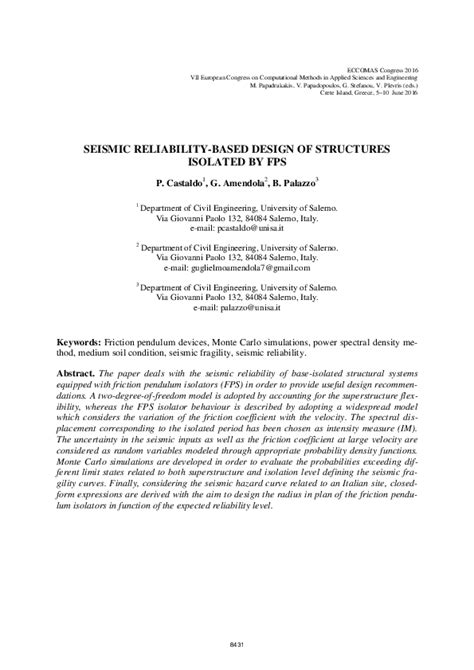 Pdf Seismic Reliability Based Design Of Structutres Isolated By Fps