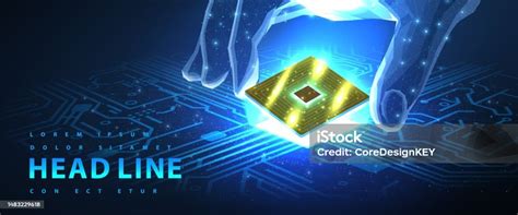 Computer Chip Microprocessor In Digital Hand On Circuit Board Stock