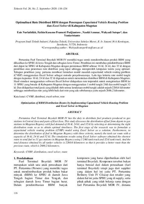 Pdf Optimalisasi Rute Distribusi Bbm Dengan Penerapan Capacitated