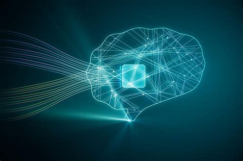 추상적인 어두운 기술 배경 3d 렌더링에 대한 디지털 그래픽 인간 두뇌 레이아웃 내부의 Ai 칩셋 및 라인을 사용한 인공 지능 및 기계 학습 개념 프리미엄 사진