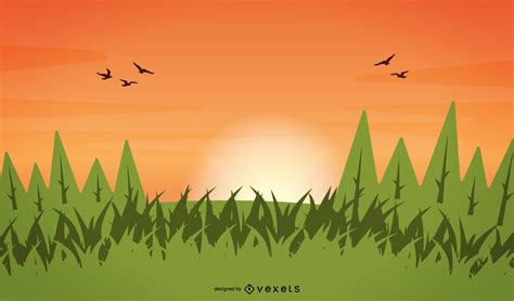 Vector Grass Trees Sunset Sky Vector Download