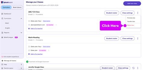 how can teachers delete the classroom in splashlearn splashlearn