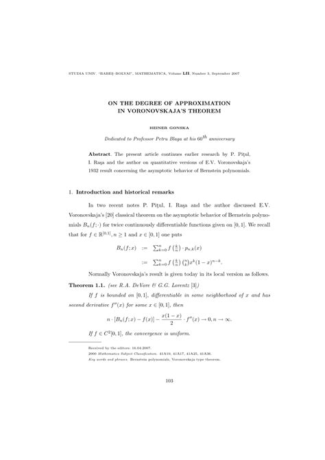 Pdf On The Degree Of Approximation In Voronovskajas Theorem