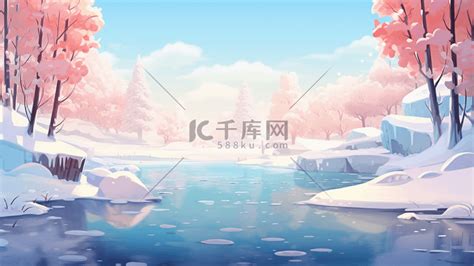 手绘唯美冬季大山森林河流积雪5插画图片 千库网