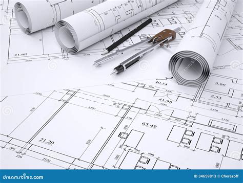 Compass Pencil And Ruler Lie On The Drawing Stock Illustration