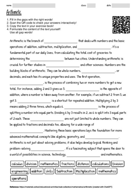 Worksheet With The Topic Arithmetic Materialsschool
