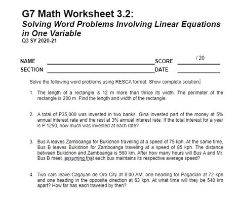 Grade 8 Linear Equations Word Problems Worksheet Tessshebaylo