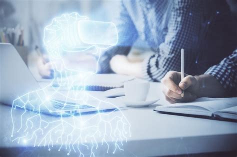 Premium Photo Ar Hologram With Man Working On Computer On Background Augmented Reality Concept