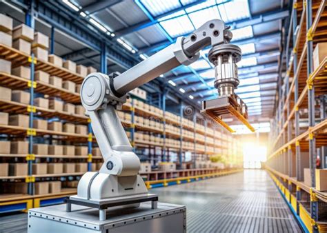 Automated Industrial Robot Arm Grasps Object In Modern Manufacturing Warehouse Stock