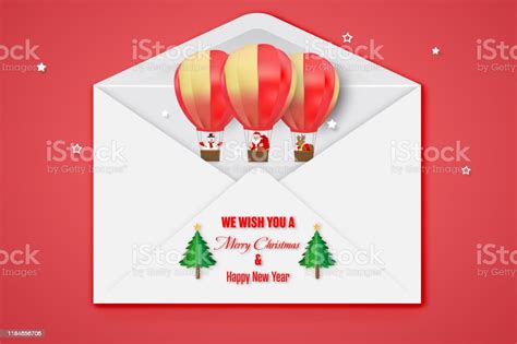 휴일 개념으로 빨간색 배경에 Xmas 요소와 메리 크리스마스와 새해 축하의 종이 예술과 컷 스타일 테어 봉투의 문자입니다 벡터 일러스트 레이션 Eps10 12월에 대한 스톡