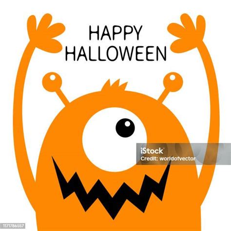 즐거운 할로윈 보내세요 몬스터 헤드 오렌지 실루엣 한쪽 눈 치아 송곳니 입 뿔 손을 위로 귀여운 가와이이 만화 재미있는 캐릭터입니다 아기 아이 컬렉션입니다 흰색 배경입니다