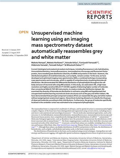 Pdf Unsupervised Machine Learning Using An Imaging Mass Spectrometry Dataset Automatically