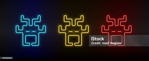 네온 아이콘 외계인 아케이드 복고풍 빨간색 파란색 노란색 네온 벡터 아이콘 세트 네온에 대한 스톡 벡터 아트 및 기타 이미지