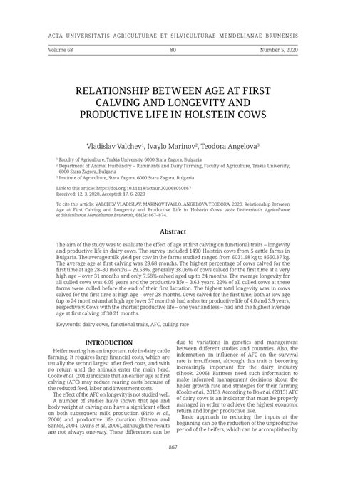 Pdf Relationship Between Age At First Calving And Longevity And