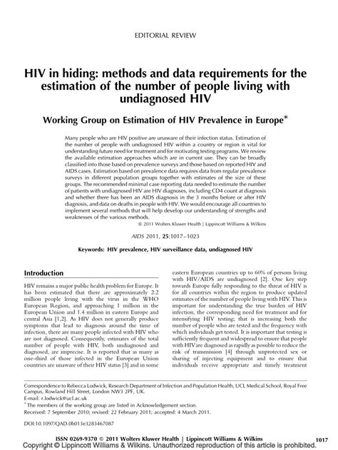 Pdf Hiv In Hiding Methods And Data Requirements For The Estimation Of The Number Of People