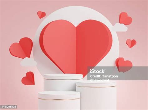 발렌타인 데이 테마로 빈 연단의 최소 장면의 3d 렌더링 제품 프레젠테이션 모형을 위한 디스플레이 스탠드 심플한 디자인으로 달콤하고 사랑스러운 핑크 컬러의 실린더 스테이지
