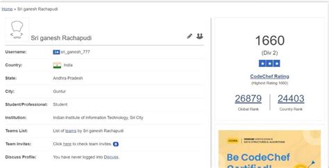 Sri Ganesh Rachapudi On Linkedin Successfully Became 3 Star Coder At Codechef