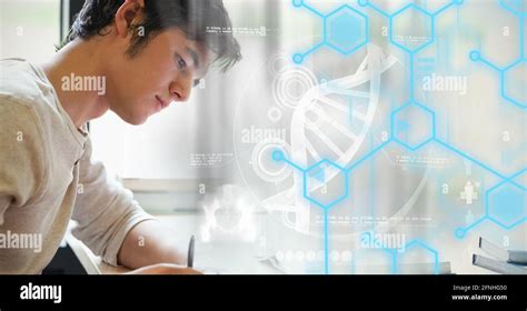 Composition Of Dna Strand And Medical Data Processing Over Male Student Stock Photo Alamy