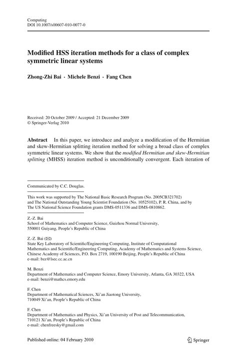 Pdf Modified Hss Iteration Methods For A Class Of Complex Symmetric