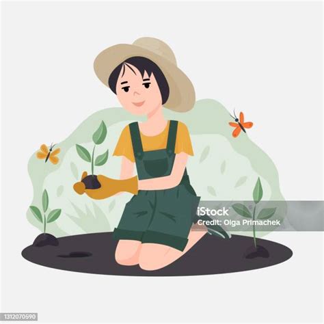 소녀는 식물을 심습니다 자원 봉사자정원이나 공원에서 일합니다 자연을 보호하기 위해 자녀를 양육하는 개념 개념에 대한 스톡 벡터 아트 및 기타 이미지 Istock