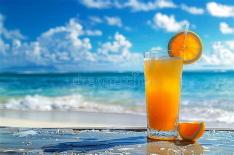 A Glass Of Orange Juice With A Straw In It Is Sitting On A Table By The Oceanai Generative