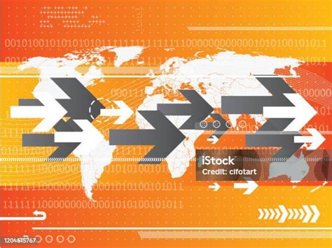 向量插圖中的抽象背景技術帶有世界地圖箭頭和二進位代碼向量圖形及更多世界地圖圖片 世界地圖 二進制碼 互聯網 Istock