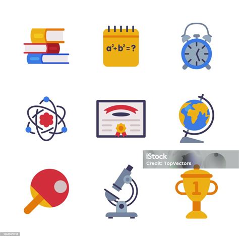 다른 학교 문구 및 소모품 세트 교육 및 학습 장비 책 교과서 노트북 현미경 알람 시계 졸업장 학교 개념 플랫 스타일 벡터 일러스트레이션으로 돌아가기 개념에 대한 스톡 벡터
