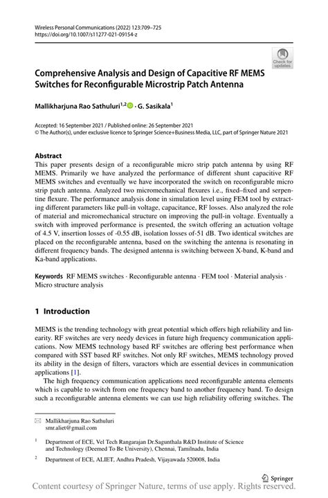 Comprehensive Analysis And Design Of Capacitive Rf Mems Switches For Reconfigurable Microstrip