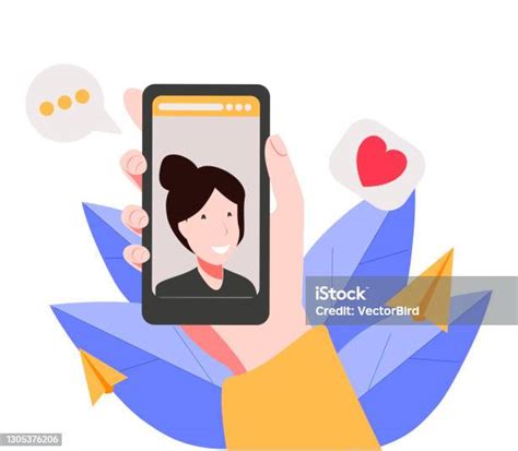 화상 통화 개념 사랑하는 사람과 화상 통화 화면에 여자 친구와 스마트 폰을 들고 남성 손 손가락 터치 스크린 웹 사이트 및 배너 디자인에 대한 벡터 플랫 만화 그림