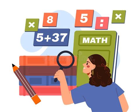 Girl Learning Math With Books And Tools Vector Illustration Stock