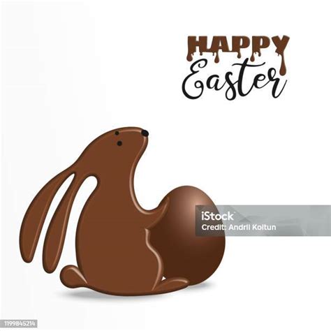 초콜릿 토끼와 초코 달걀 해피 부활절 인사말 카드입니다 토끼 사탕과 휴일 유형 글꼴 흰색 배경에 행복 부활절 벡터 일러스트레이션 3차원 형태에 대한 스톡 벡터 아트 및 기타