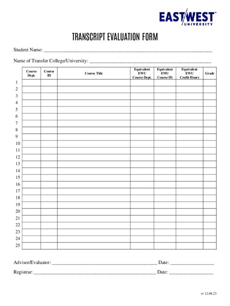 Fillable Online Transcript Evaluation Form East West University Fax