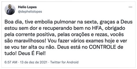 Deputado Helio Lopes Está Internado Com Embolia Pulmonar