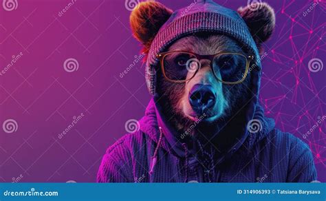 bear programmer in hoodie on the violet night background copy space