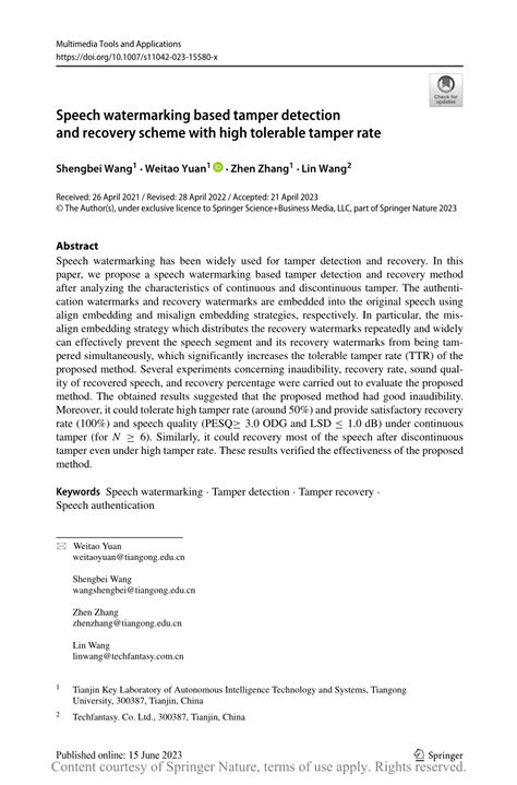 Speech Watermarking Based Tamper Detection And Recovery Scheme With