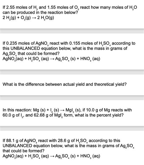 solved if 2 55 moles of h2 and 1 55 moles of o2 react how