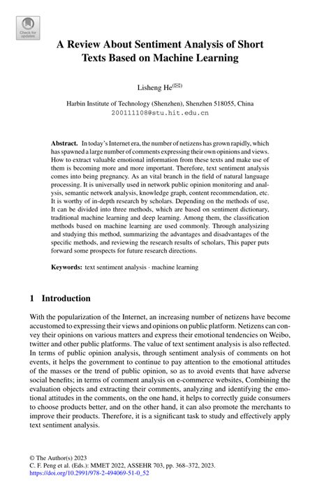 Pdf A Review About Sentiment Analysis Of Short Texts Based On Machine Learning