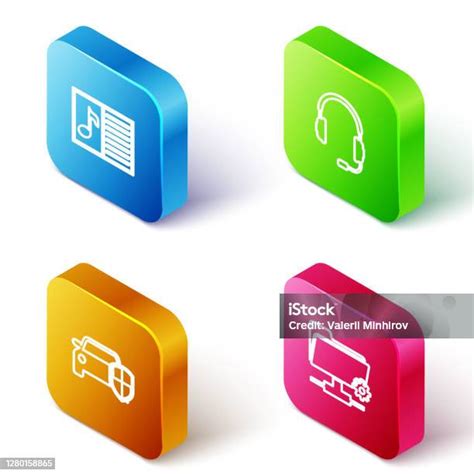 노트 헤드폰 마이크 자동차 보호 또는 보험 및 Ftp 설정 폴더 아이콘이있는 등도 측정 라인 음악 책을 설정합니다 벡터 3차원 형태에 대한 스톡 벡터 아트 및 기타 이미지
