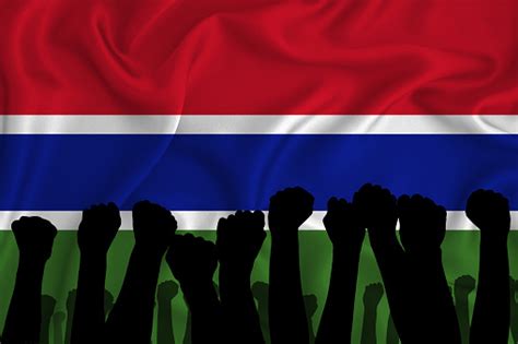 감비아의 국기의 배경에 제기 팔과 꽉 주먹의 실루엣 권력 갈등의 개념 텍스트에 대한 장소와 함께 3d 렌더링 Revolution에 대한 스톡 사진 및 기타 이미지 Istock