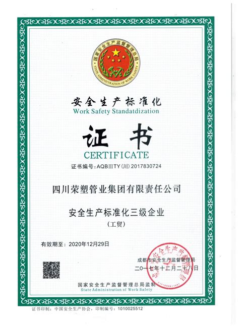 安全生产标准化三级企业 四川荣塑管业集团有限责任公司