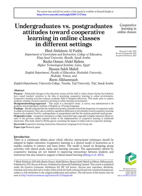 Pdf Undergraduates Vs Postgraduates Attitudes Toward Cooperative Learning In Online Classes