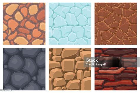 만화 게임 질감 용암 얼음 바위와 벽돌 흙과 땅 표면 원활한 패턴 게임 자산 벽 및 환경 배경 벡터에 대한 스톡 벡터 아트 및