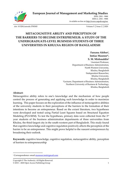 pdf metacognitive ability and perception of the barriers to become