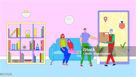 배달 스마트 폰 응용 서비스 벡터 일러스트 플랫 남성 택배 보관 상자 클라이언트 문자에 소포를 제공합니다 가족에 대한 스톡 벡터