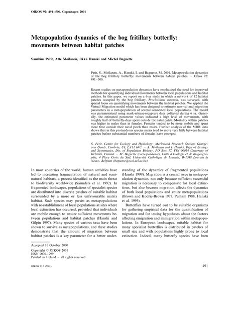 Pdf Metapopulation Dynamics Of The Bog Fritillary Butterfly