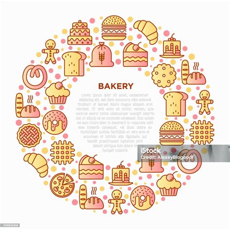 원 선 아이콘에서에서 빵집 개념 빵 팬케이크 밀가루 크루아상 도넛 꽈 배기 쿠키 진저 브레드 남자 컵 케 익 피자 와플 토스트 벡터 일러스트 레이 션 인쇄 미디어 서식 파일