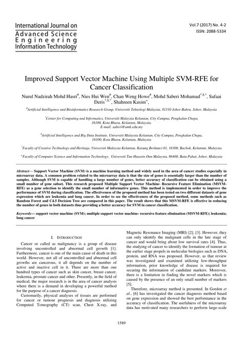 Pdf Improved Support Vector Machine Using Multiple Svm Rfe For Cancer Classification